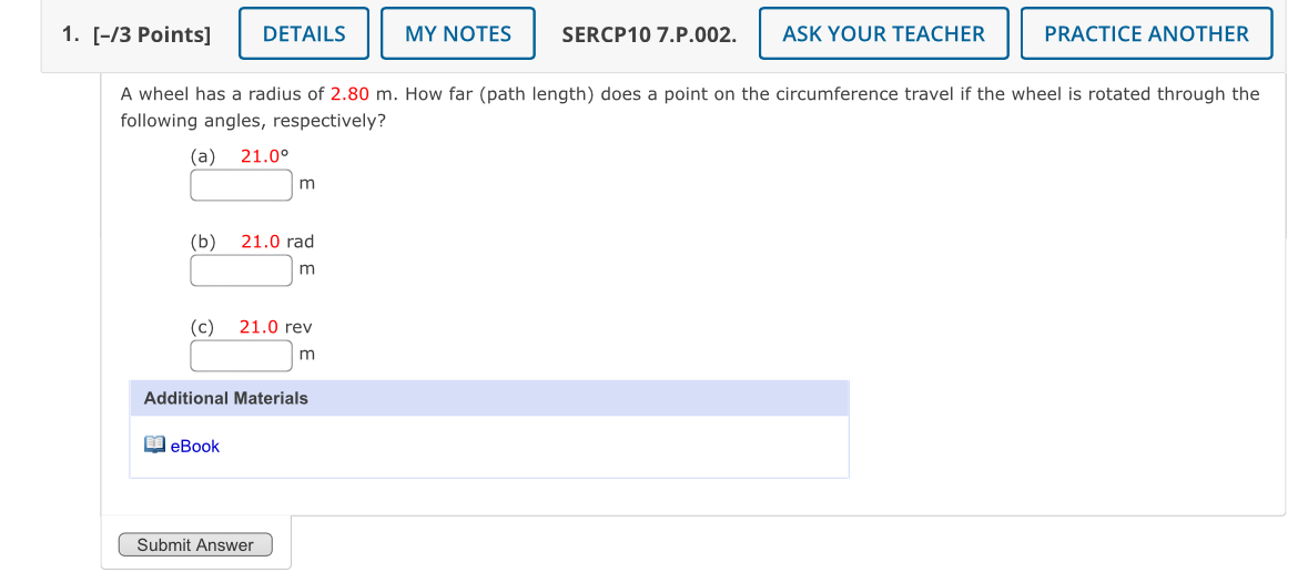 Solved [-/3 ﻿Points]SERCP10 7.P.002.A wheel has a radius of | Chegg.com