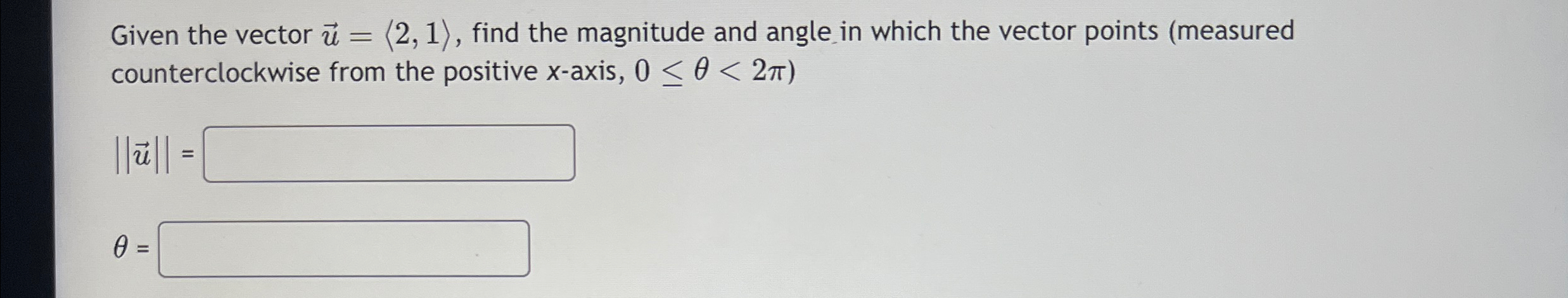 Solved Given the vector vec(u)=(:2,1:), ﻿find the magnitude | Chegg.com