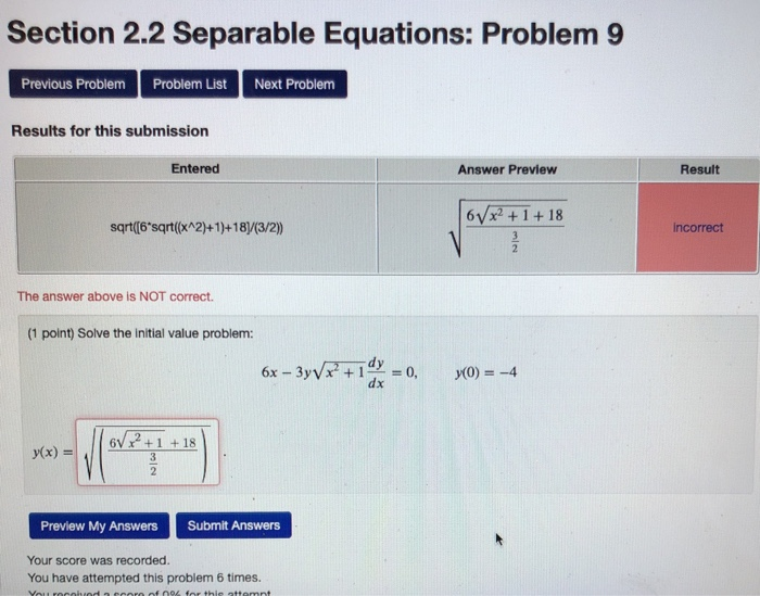 Solved Section 2 2 Separable Equations Problem 9 Previous