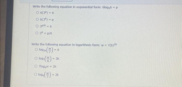 Solved Write the following equation in exponential form: | Chegg.com