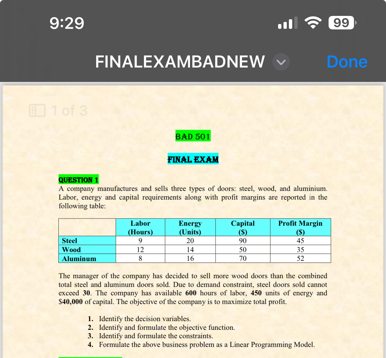 Solved FINAL EXAMQUESTION 1A company manufactures and sells | Chegg.com