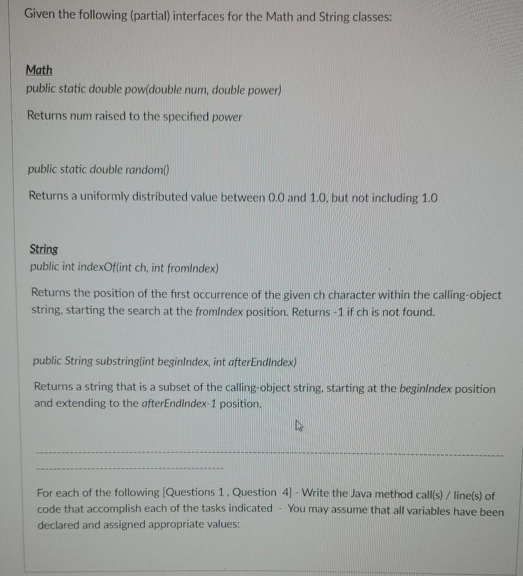 Solved Given the following (partial) interfaces for the Math | Chegg.com