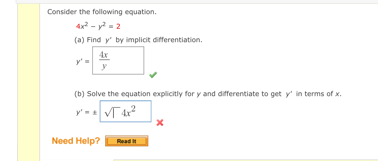 Solved Consider the following equation.4x2-y2=2(a) ﻿Find y' | Chegg.com