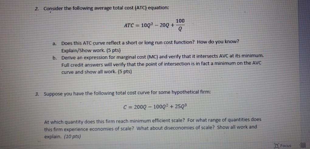 Solved 2. Consider the following average total cost (ATC) | Chegg.com