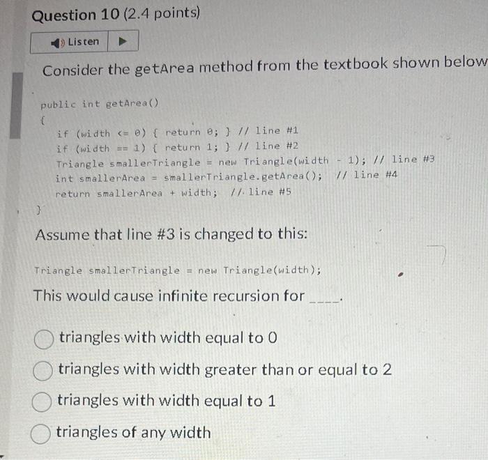 Solved Consider the getArea method from the textbook shown | Chegg.com