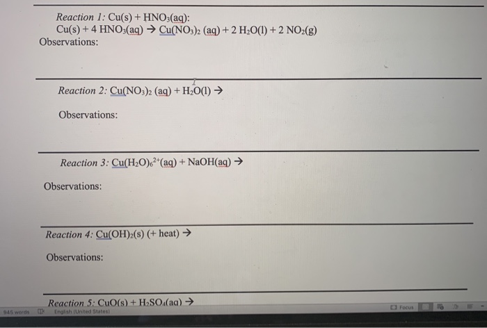 Solved Reaction 1: Cu(s) + HNO3(aq): Cu(s) + 4 HNO3(aq) → | Chegg.com