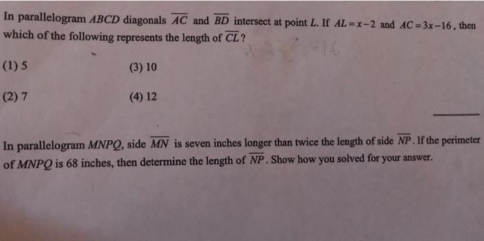 Solved In parallelogram ABCD diagonals AC and BD intersect | Chegg.com