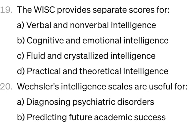 Solved The WISC provides separate scores for:a) ﻿Verbal and | Chegg.com