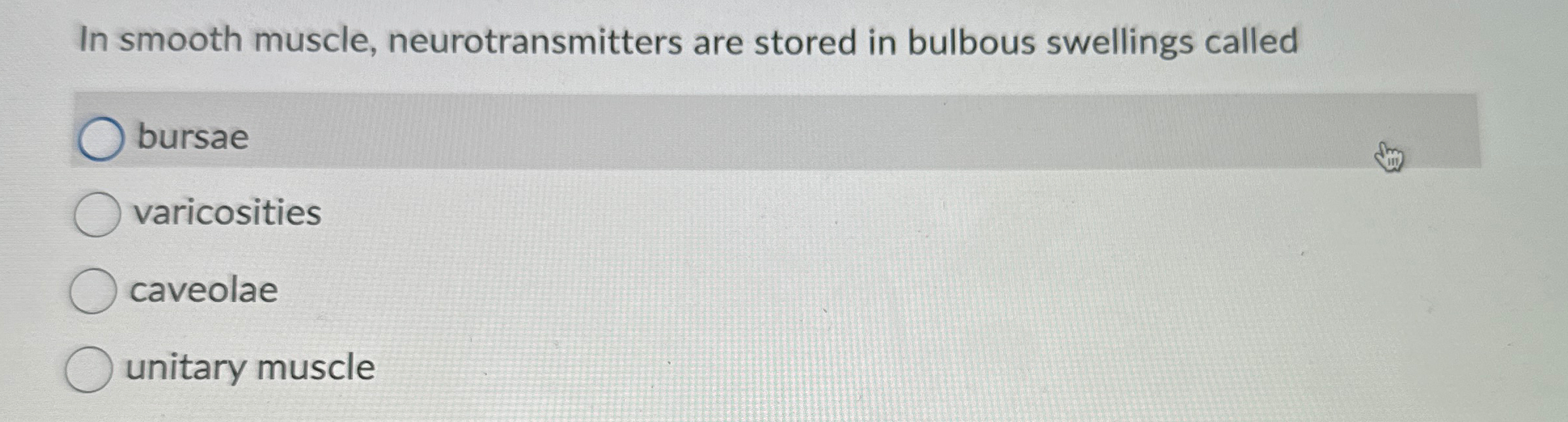 Solved In smooth muscle, neurotransmitters are stored in | Chegg.com