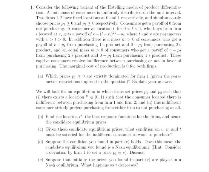 1. Consider the following variant of the Hotelling | Chegg.com