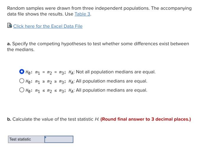 Solved Random samples were drawn from three independent | Chegg.com