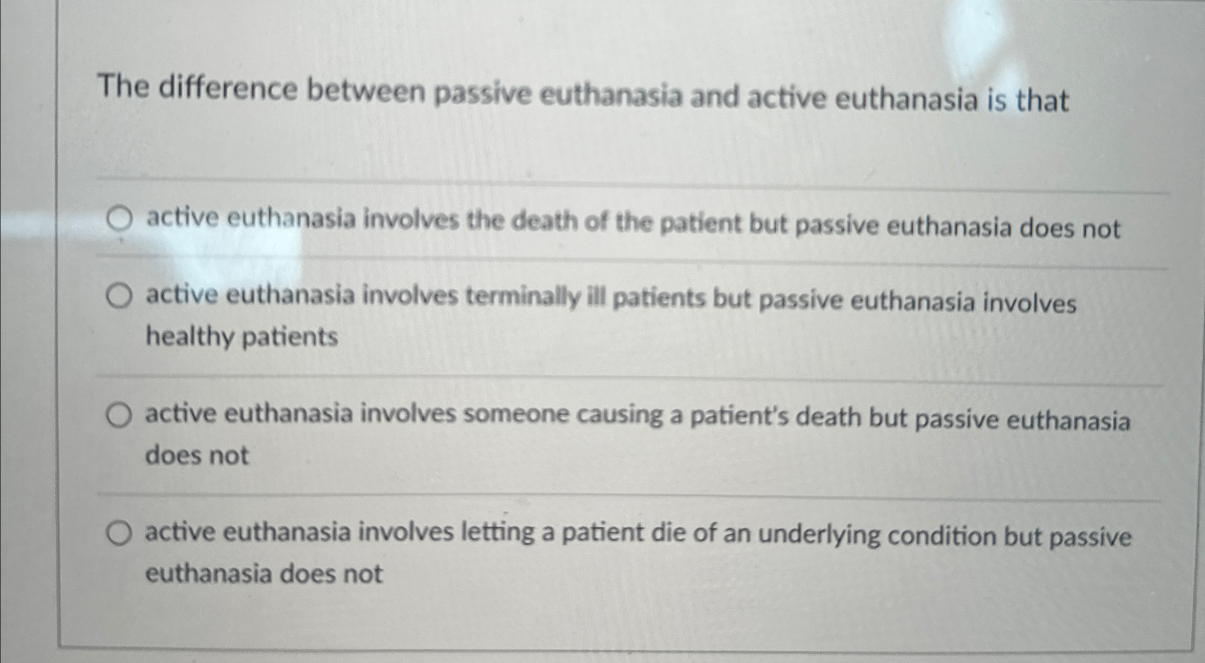 Solved The difference between passive euthanasia and active | Chegg.com
