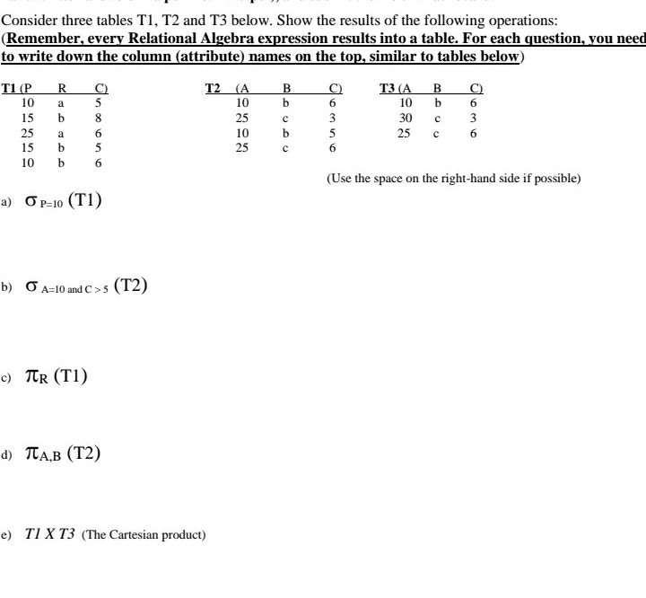 Solved Consider three tables T1, T2 and T3 below. Show the | Chegg.com