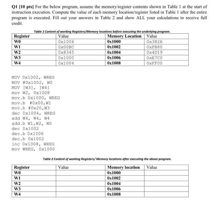 Solved Q1 [10 pts] For the below program, assume the | Chegg.com