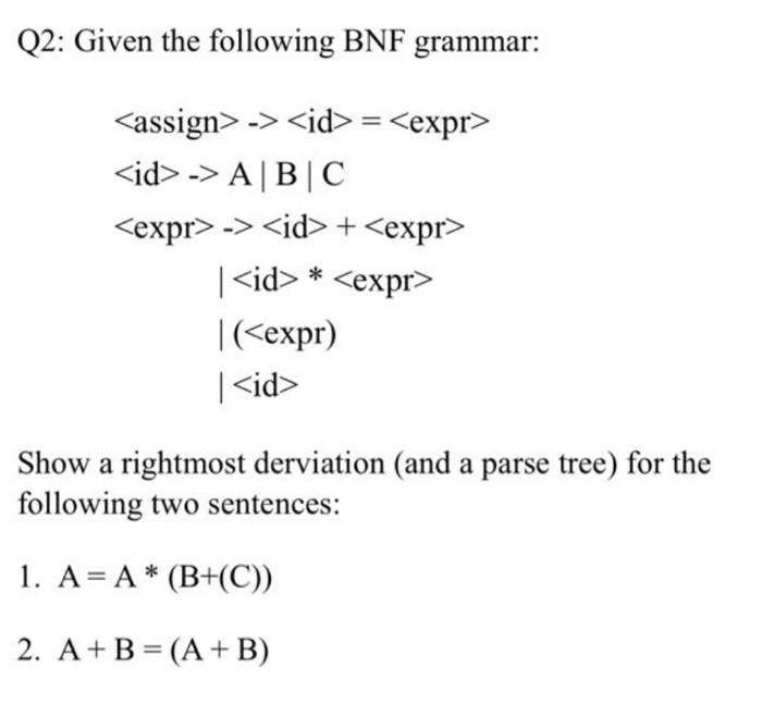 Solved Q2: Given the following BNF grammar: -> = -> | Chegg.com