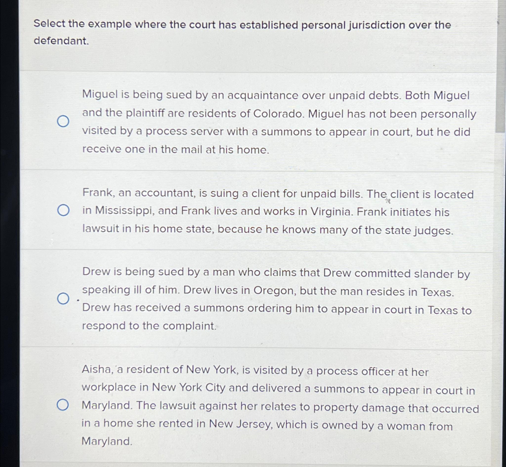 Solved Select the example where the court has established | Chegg.com