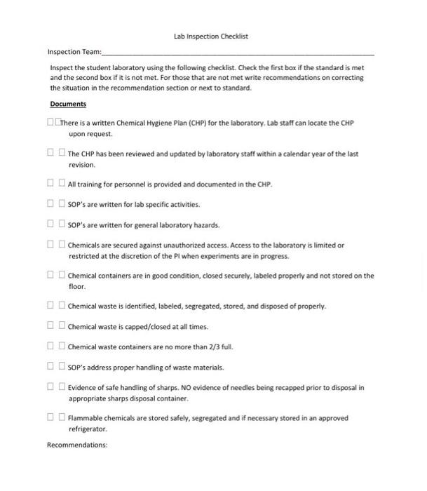 Lab Inspection Checklist Inspection Team: Inspect the | Chegg.com