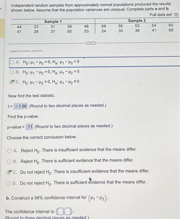 Solved Independent random samples from approximately normal | Chegg.com