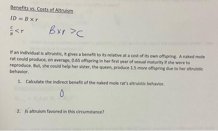 Solved Benefits vs. Costs of Altruism ID=B×r BC | Chegg.com