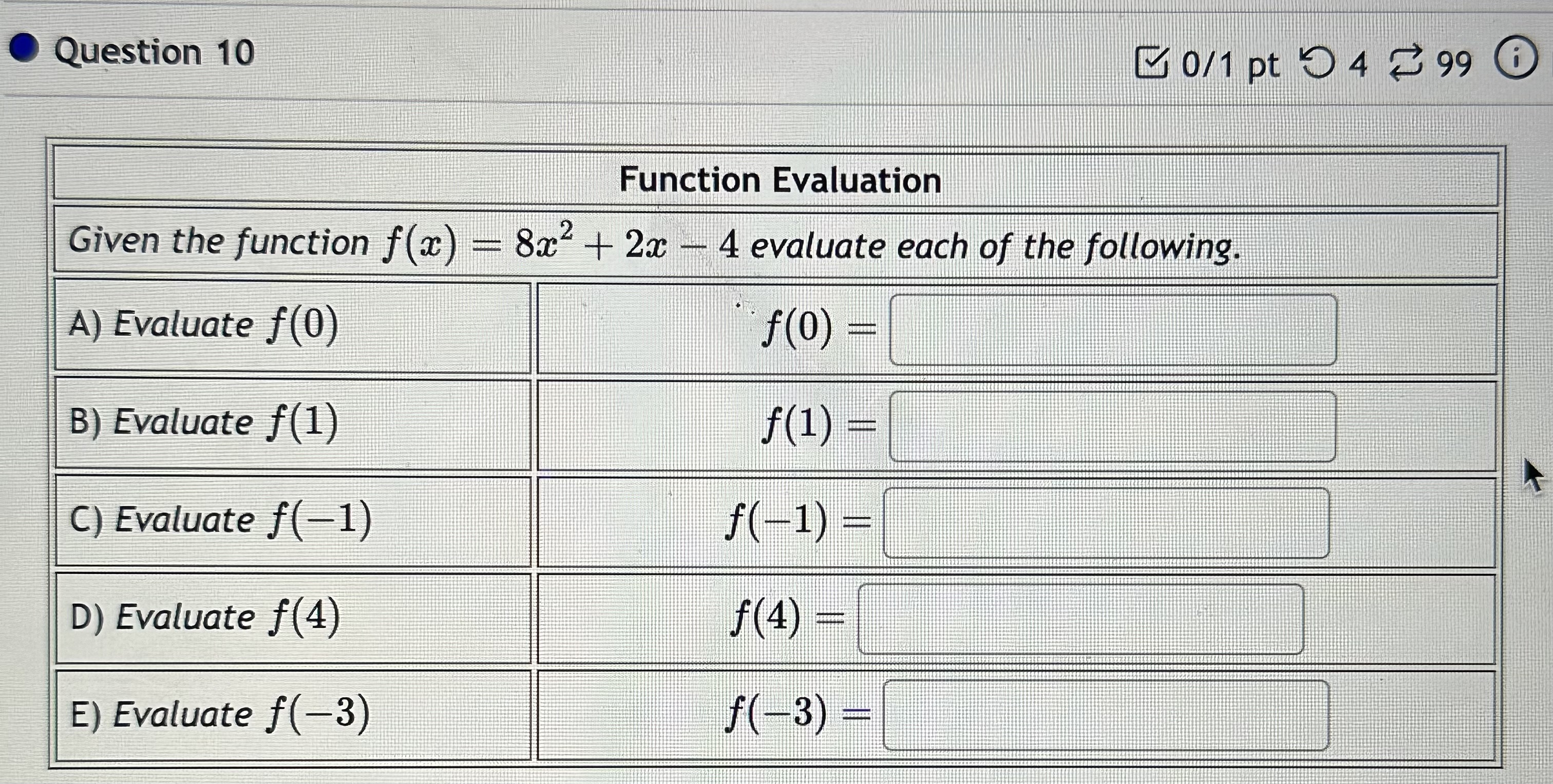 Solved Question 10Function EvaluationGiven the function | Chegg.com