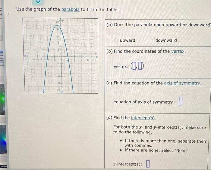 Solved Use the graph of the parabola to fill in the table. | Chegg.com