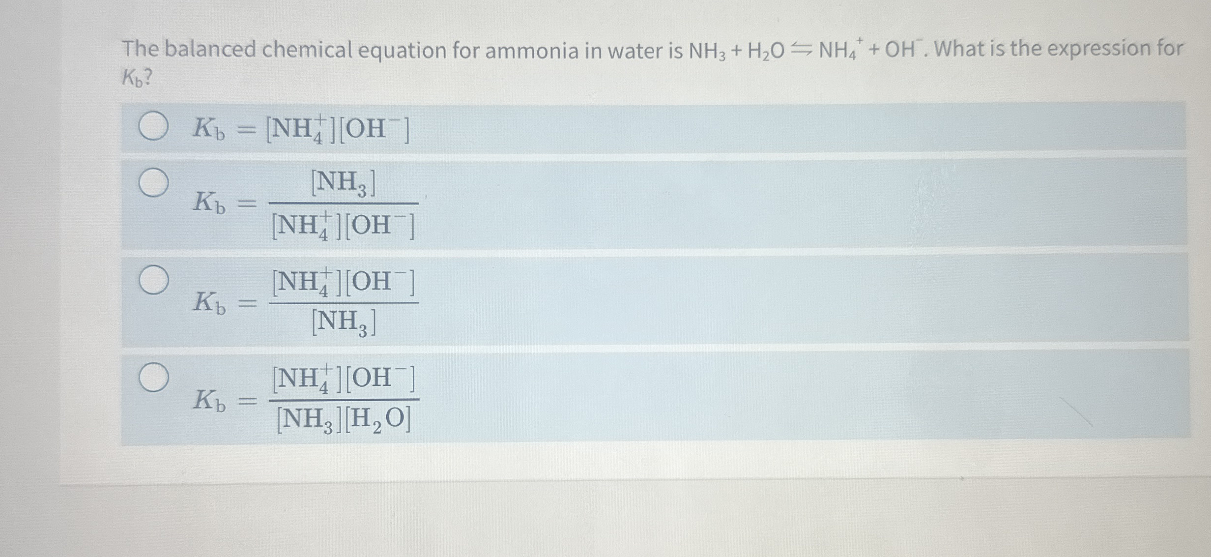 Solved The balanced chemical equation for ammonia in water | Chegg.com