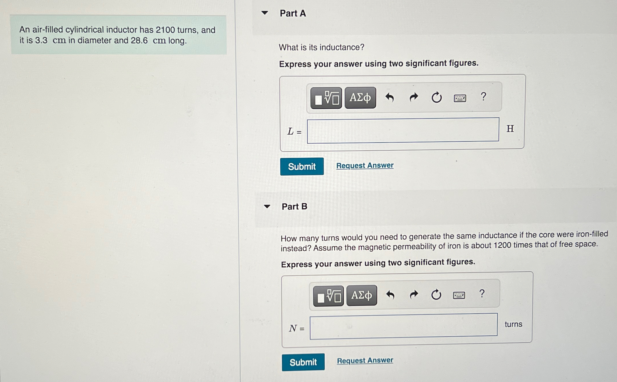 Solved Part AAn air-filled cylindrical inductor has 2100 | Chegg.com
