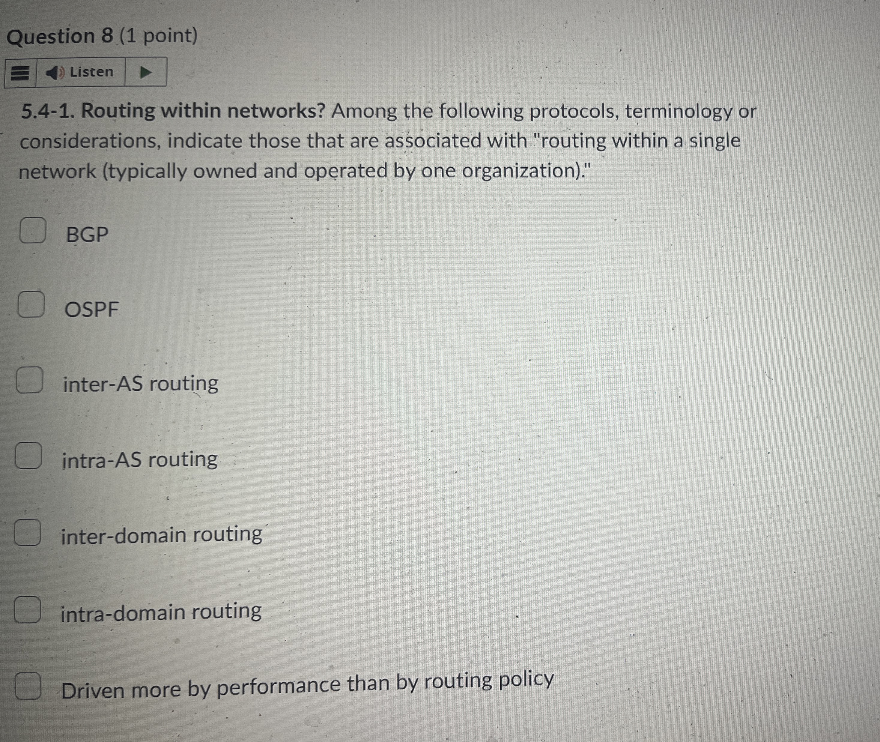 Solved Question 8 (1 ﻿point)5.4-1. ﻿Routing within networks? | Chegg.com