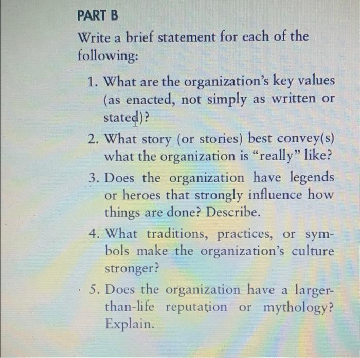Solved PART B Write a brief statement for each of the | Chegg.com