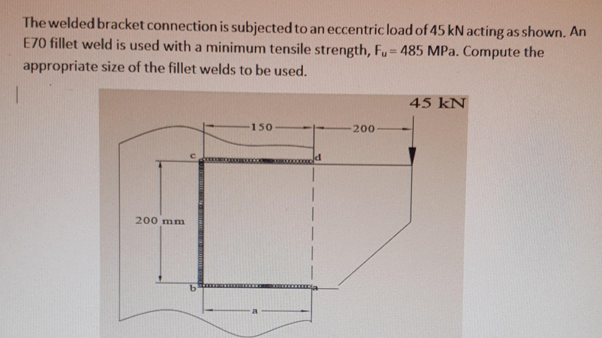 Solved The welded bracket connection is subjected to an | Chegg.com