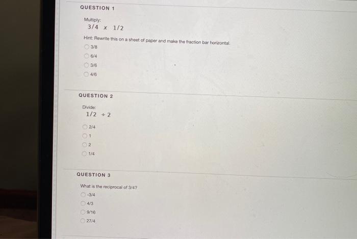 Solved QUESTION 1 Multiply 3/4 x 1/2 Hint Rewrite this on a | Chegg.com