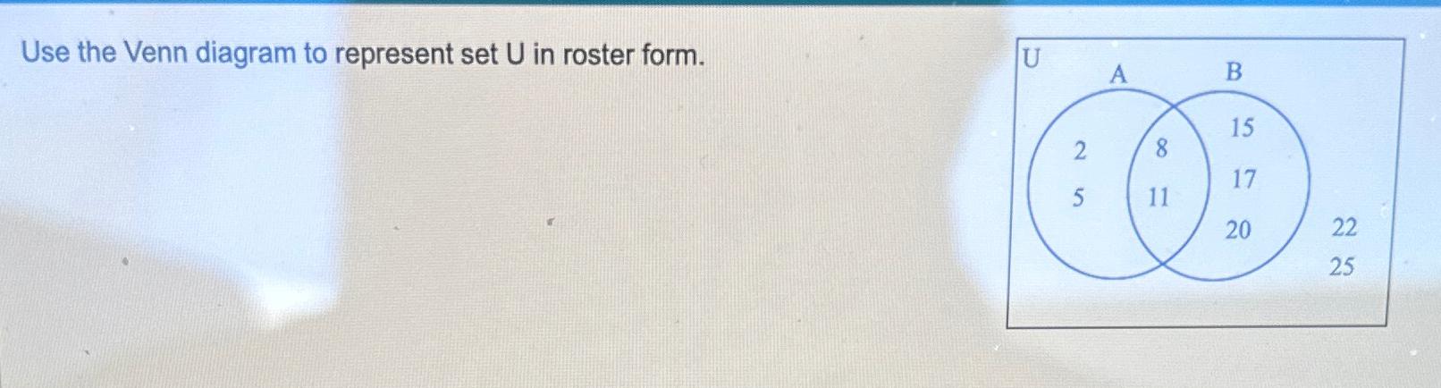 Solved Use the Venn diagram to represent set U ﻿in roster | Chegg.com
