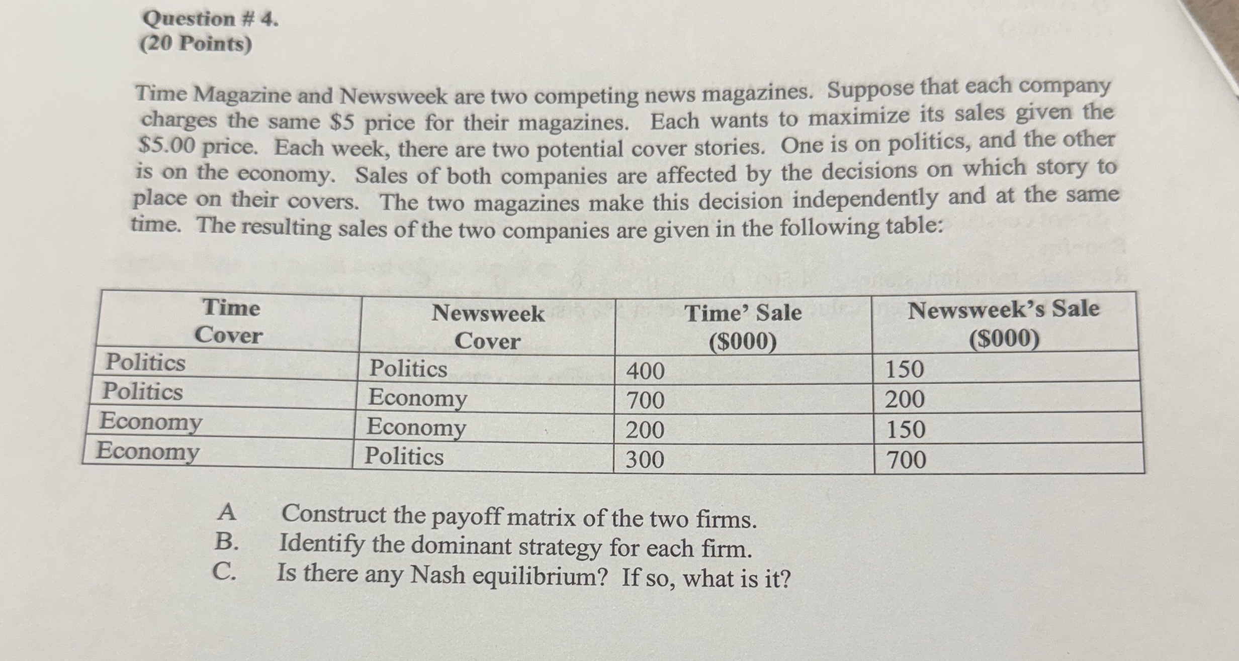 Solved Question # 4.(20 Points)Time Magazine and Newsweek | Chegg.com Solved Question # 4.(20 Points)Time Magazine and Newsweek | Chegg.com