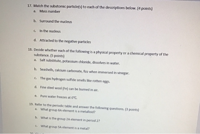 Solved 17. Match the subatomic particle(s) to each of the | Chegg.com