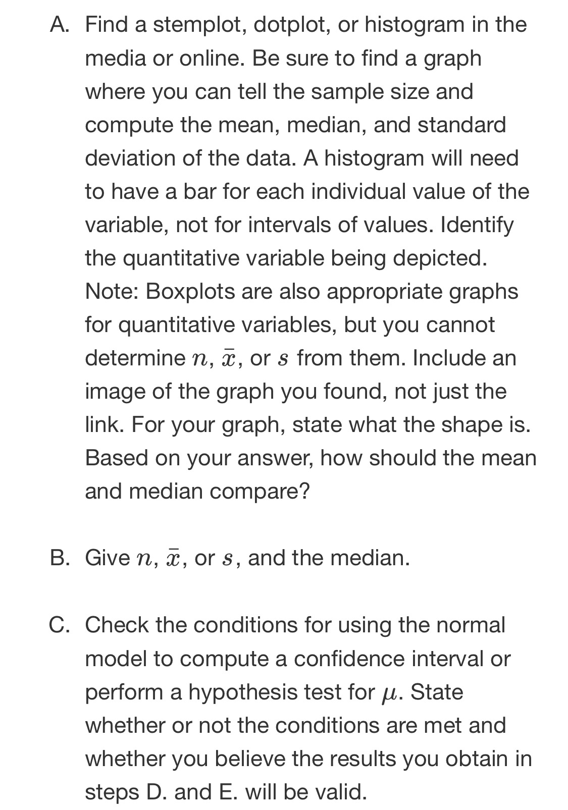 Solved A. ﻿Find a stemplot, dotplot, or histogram in the | Chegg.com