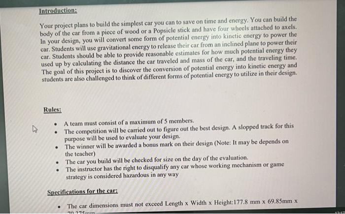 Your project plans to build the simplest car you can | Chegg.com