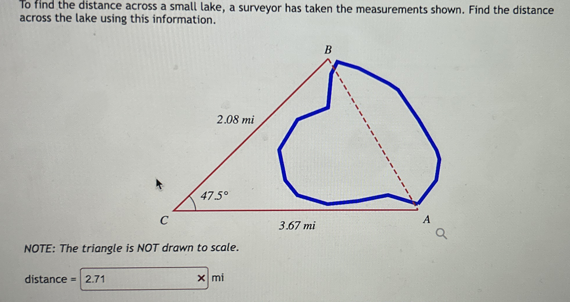 Solved To find the distance across a small lake, a surveyor | Chegg.com