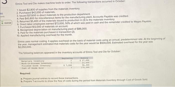 Solved Elmira Tool and Die makes machine tools to order. The | Chegg.com