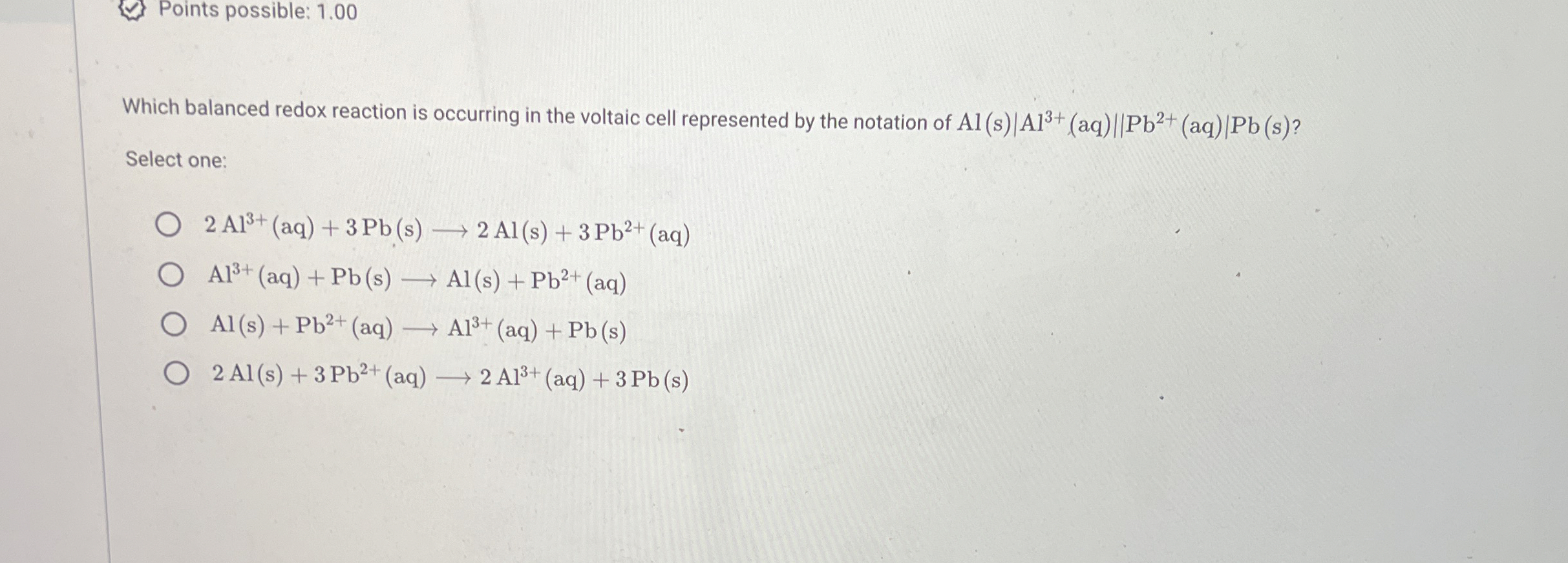 Solved Points possible: 1.00Which balanced redox reaction is | Chegg.com