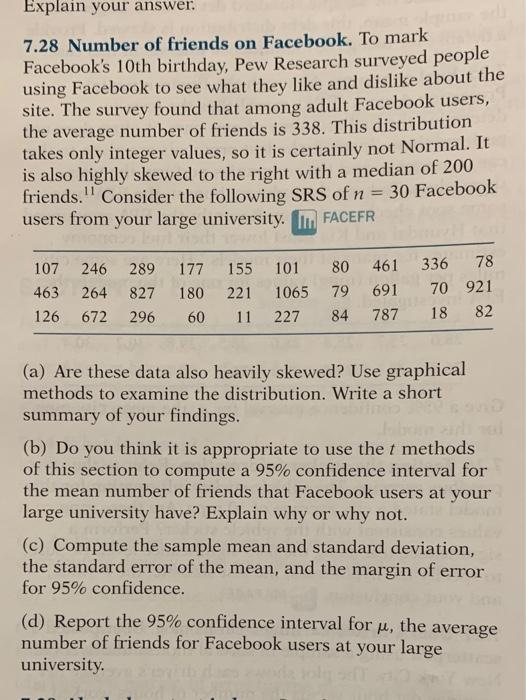 Solved Explain your answer. 7.28 Number of friends on | Chegg.com