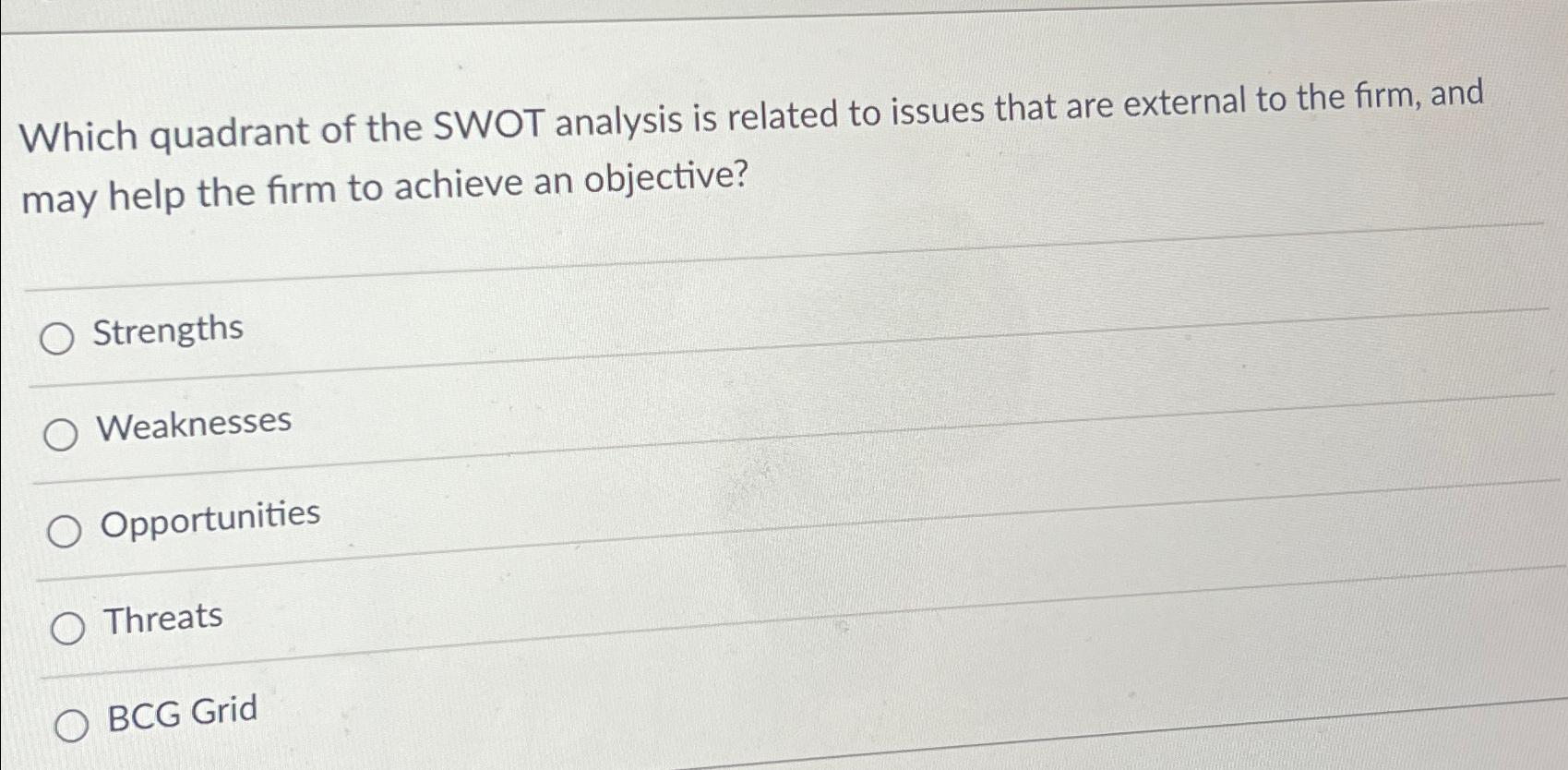 Solved Which quadrant of the SWOT analysis is related to | Chegg.com