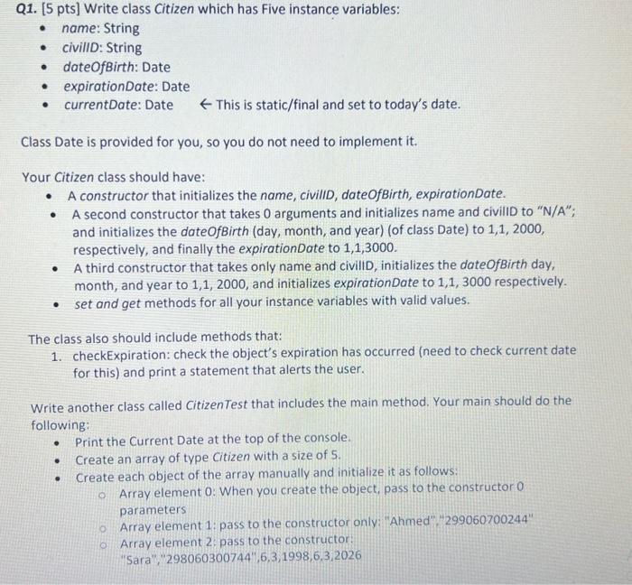 Solved Q1. [5 pts] Write class Citizen which has Five | Chegg.com