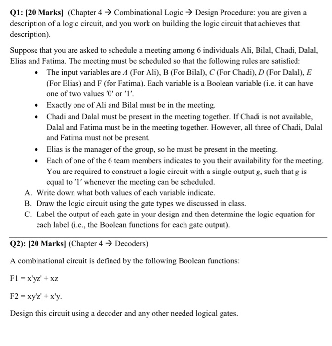 Solved 01:20 Marks (Chapter 4 → Combinational Logic → Design | Chegg.com