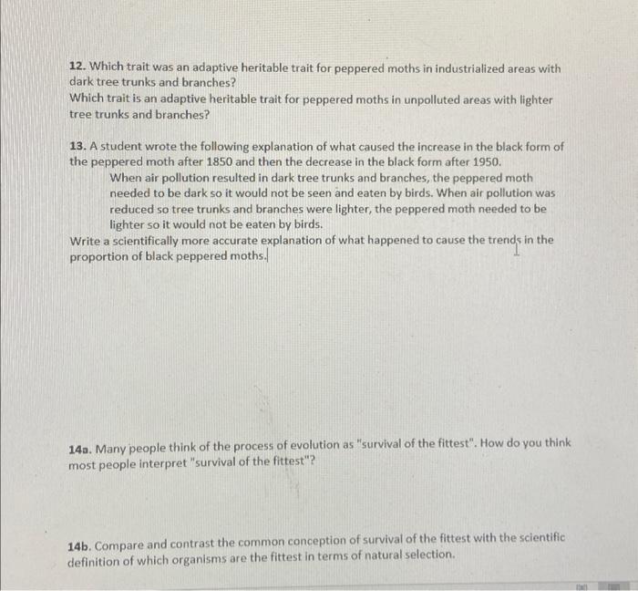 Solved 12. Which trait was an adaptive heritable trait for | Chegg.com