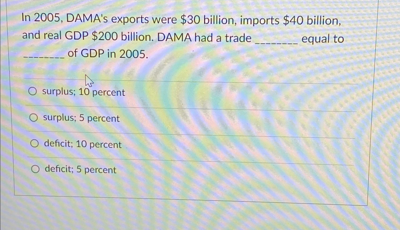 Solved In 2005, ﻿DAMA's exports were $30 ﻿billion, imports | Chegg.com