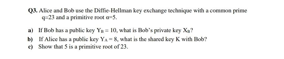 Solved Q3. ﻿Alice and Bob use the Diffie-Hellman key | Chegg.com