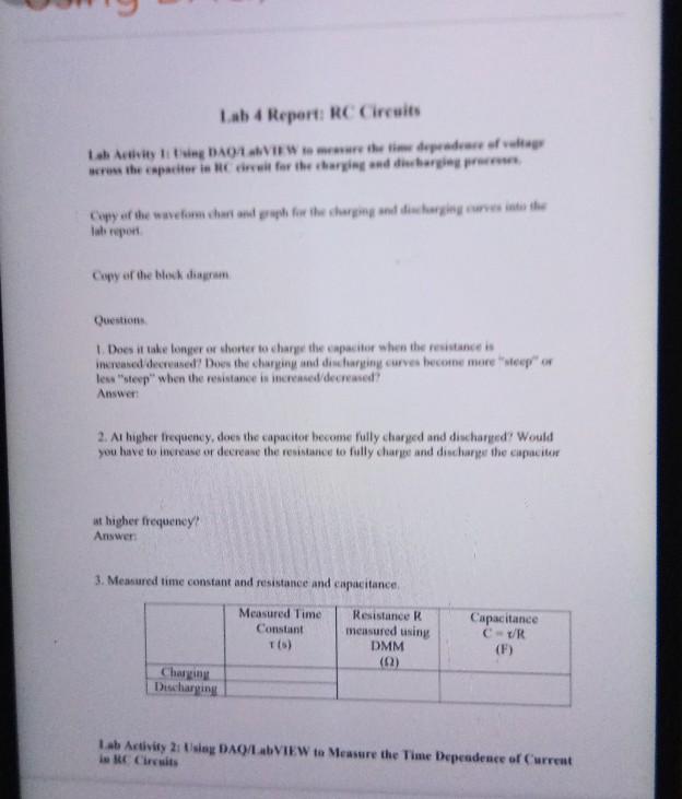 Lab 4 Report: RC Circuits Lab Activity in DAL VIEW | Chegg.com