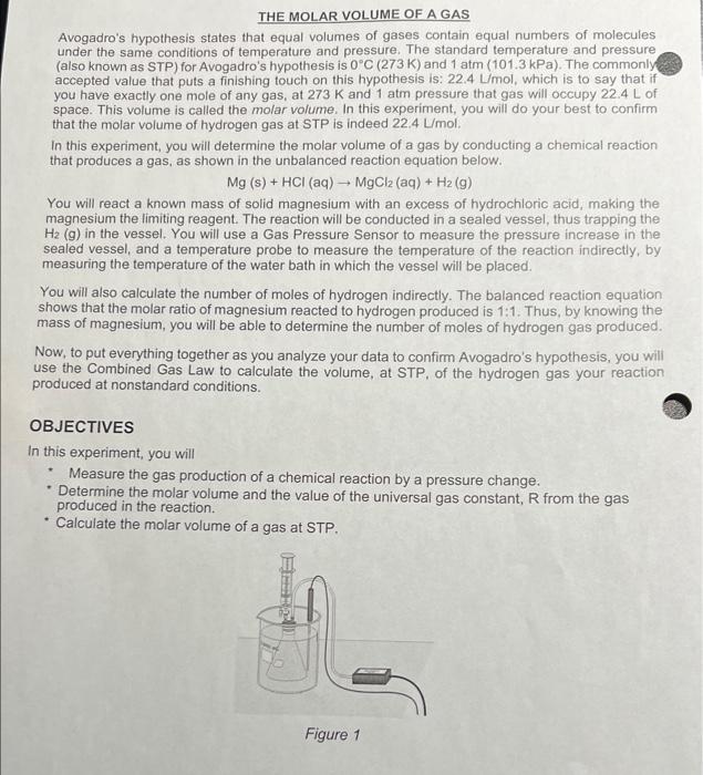 Molar Volume of a Gas Lab - First year chemistry lab | Chegg.com
