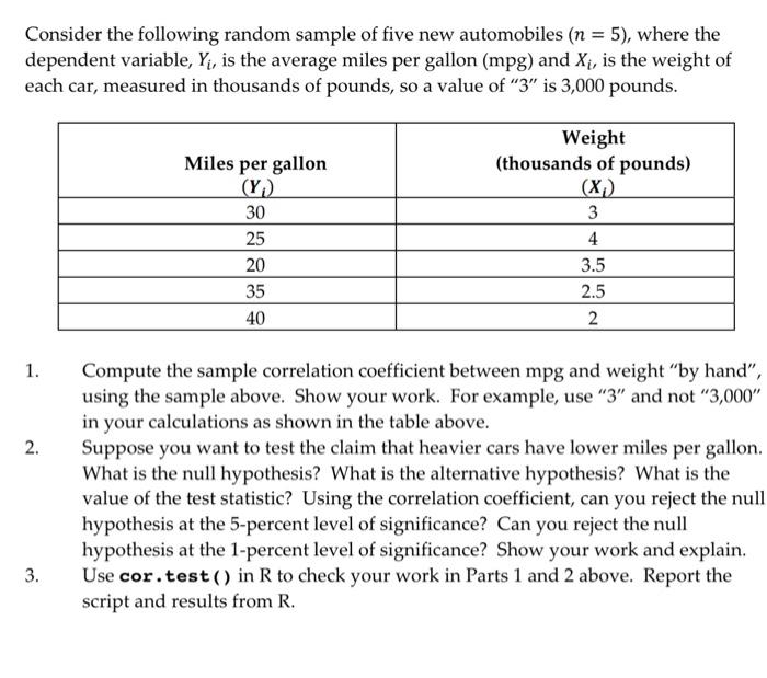 Solved Consider the following random sample of five new | Chegg.com