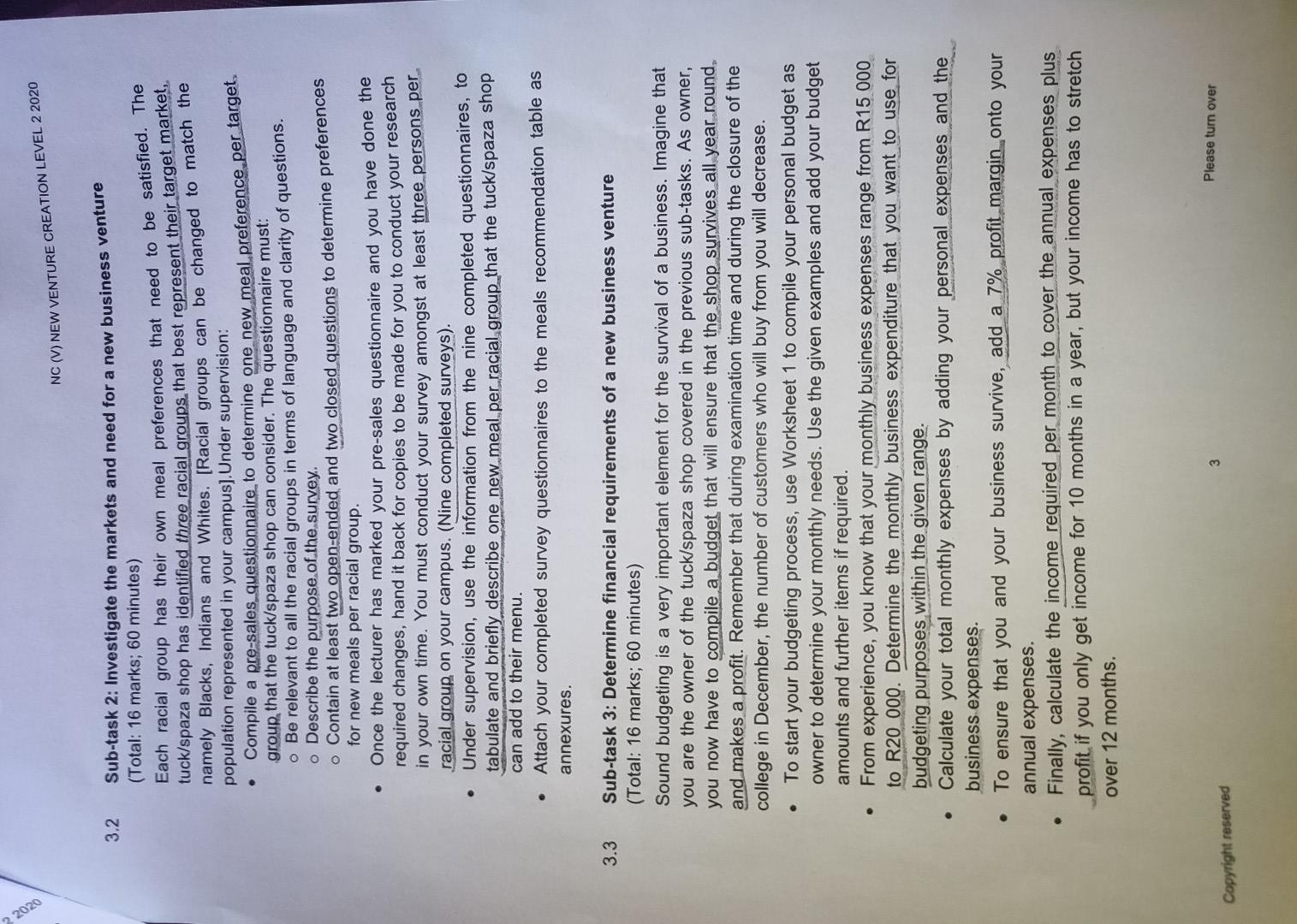 NC (V) NEW VENTURE CREATION LEVEL 22020 3.2 Sub-task | Chegg.com